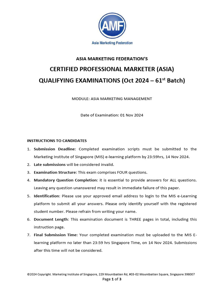 AMF Oct 2024 61st Asia Marketing Management Questions | PDF | Marketing ...