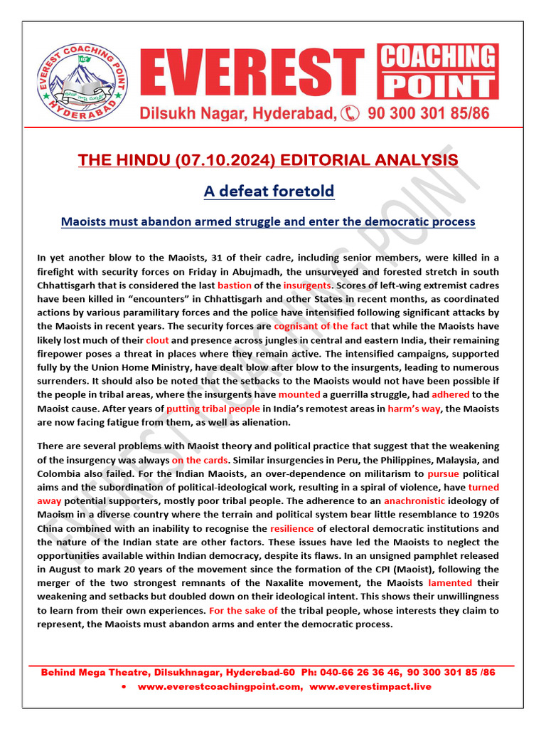 The Hindu (07.10.2024) Editorial Analysis | PDF | Maoism | Insurgency