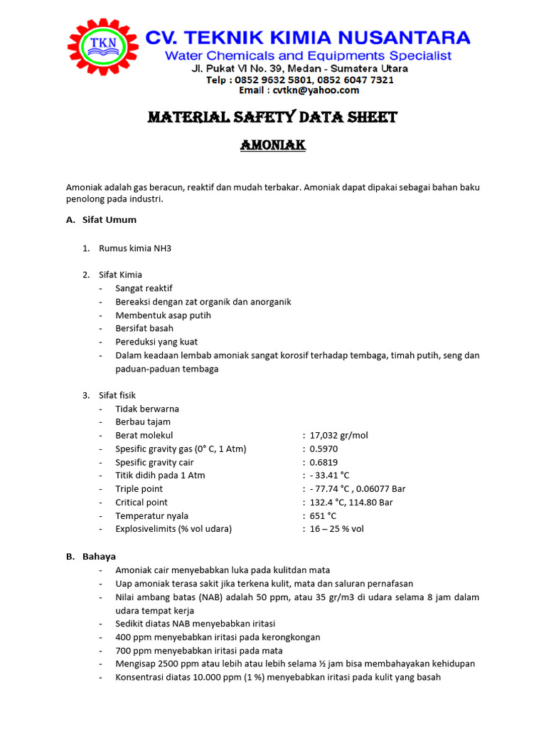 Data Keselamatan Amoniak NH3 | PDF