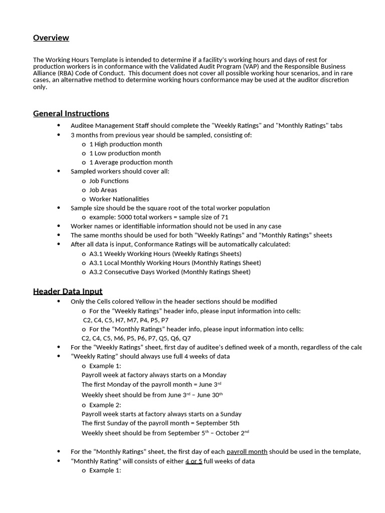 RBA Working Hours Collection Template Protocol 7.0_04Jan2021 | PDF ...