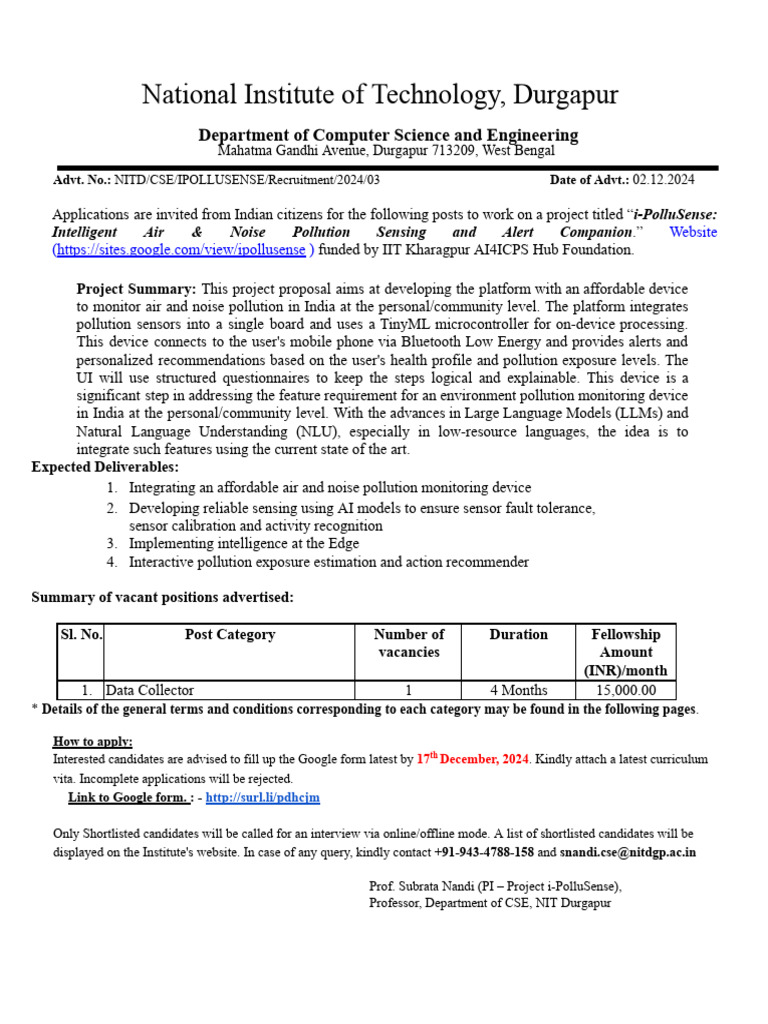 NIT Durgapur Notification For 1 Data Collector Post 1 | PDF | Computer Science | Computing