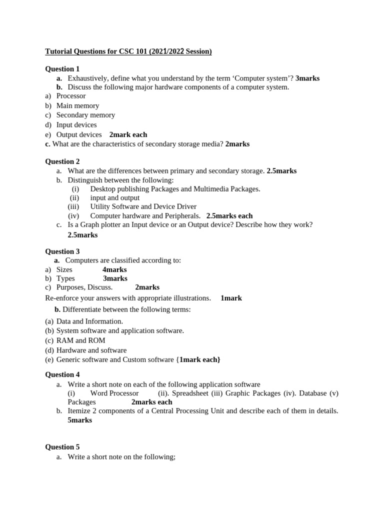 Tutorial Questions for CSC 101 2020_2021 Session (2) | PDF | Software | Computer Data Storage