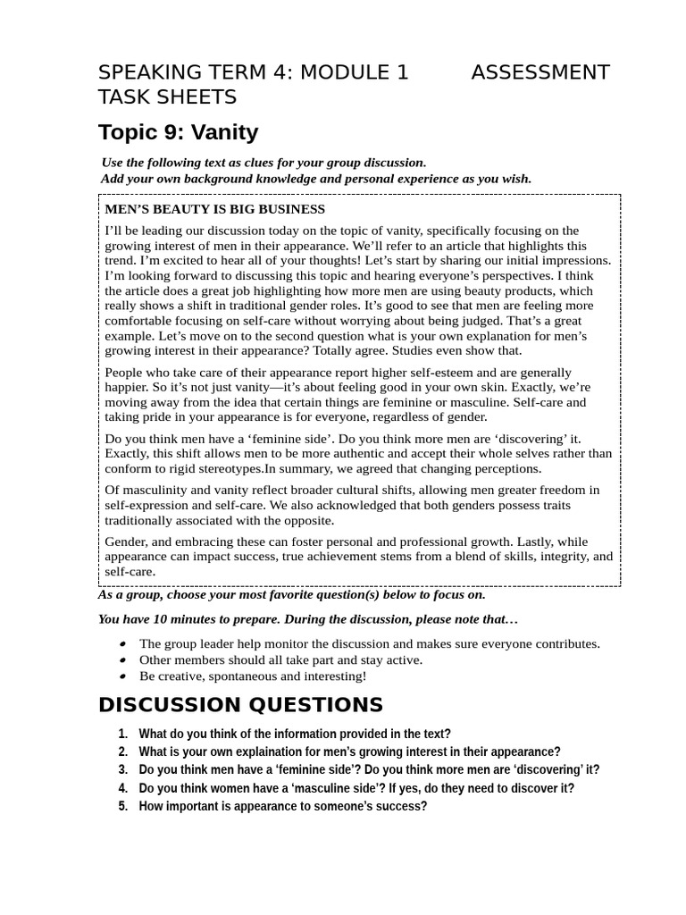 Men's Vanity and Self-Care Discussion | PDF | Masculinity | Gender