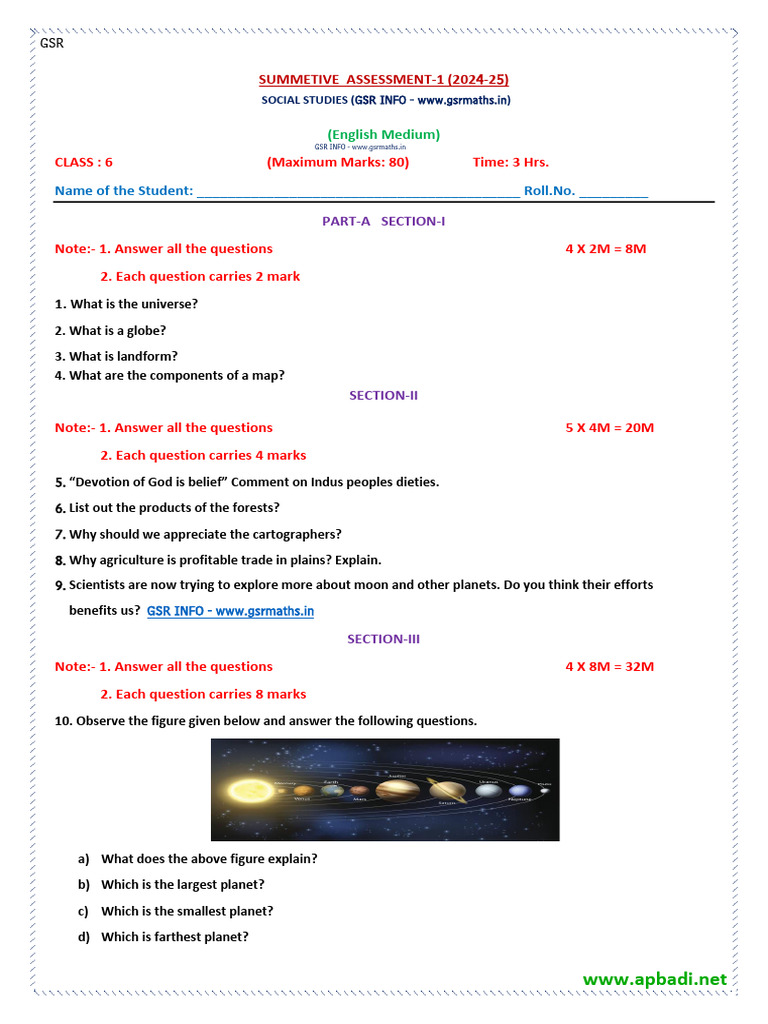 6th Class SA 1 Social Model Paper GSR INFO-www - Gsrmaths.in | PDF ...