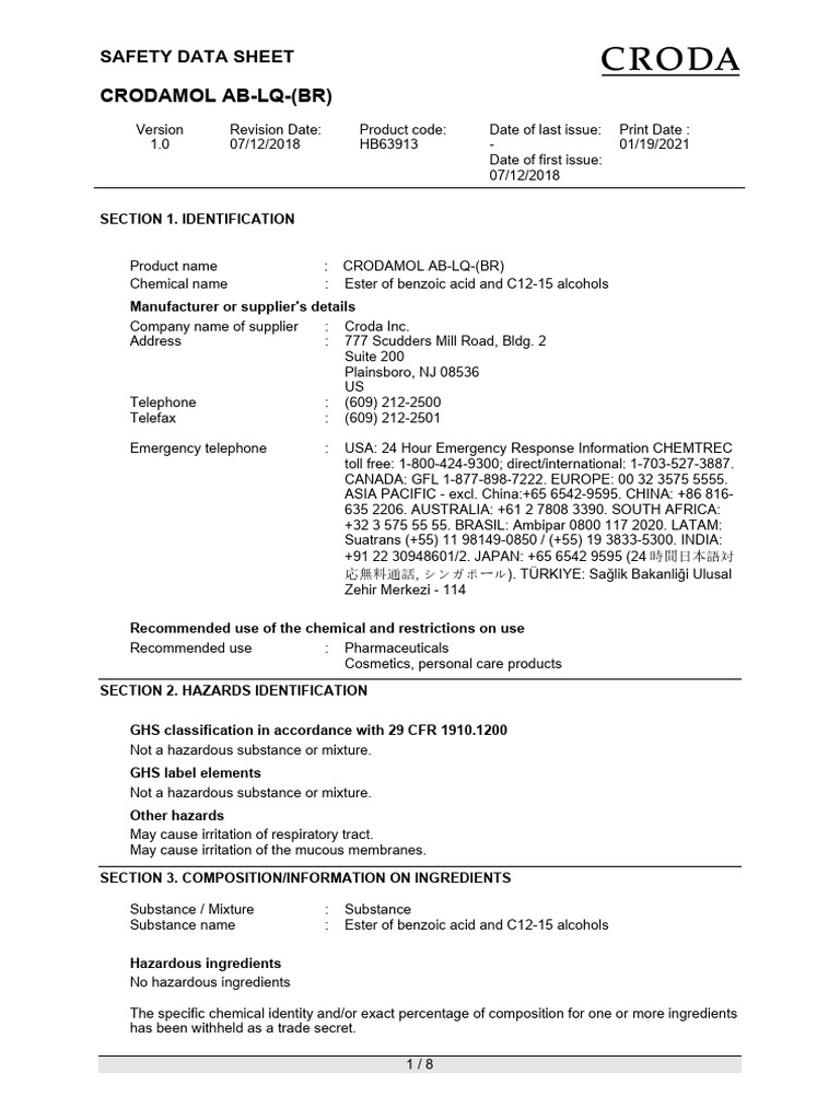 Crodamol AB-LQ-BR Safety Data Sheet | PDF | Personal Protective ...