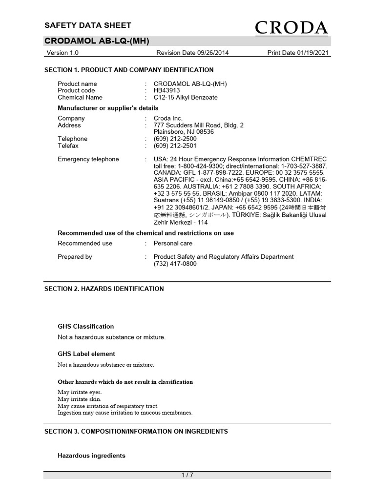HB43913 - Crodamol Ab-Lq - (MH) - Usensds | PDF | Toxicity | Personal ...