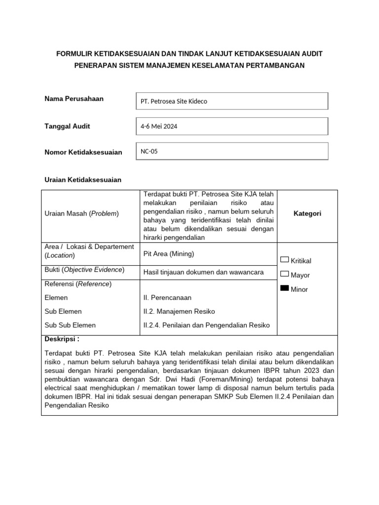 NC-05 Formulir Ketidaksesuaian Dan Tindak Lanjut | PDF