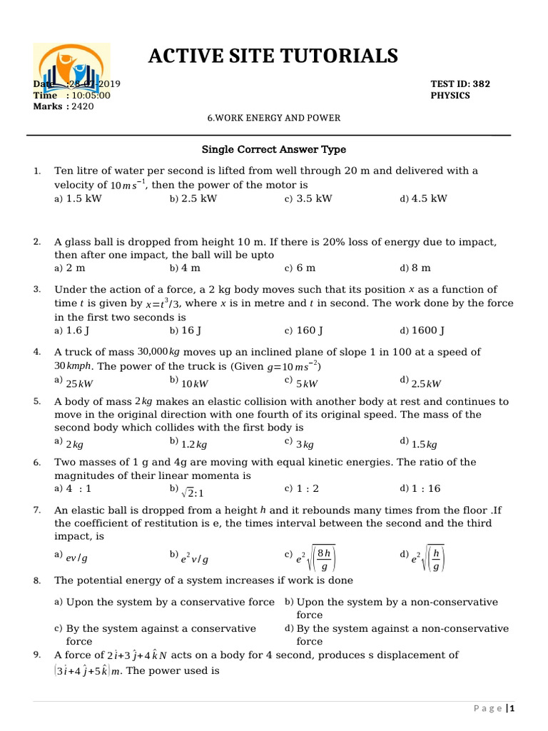 A.6 Work Energy and Power-1 | PDF | Momentum | Force