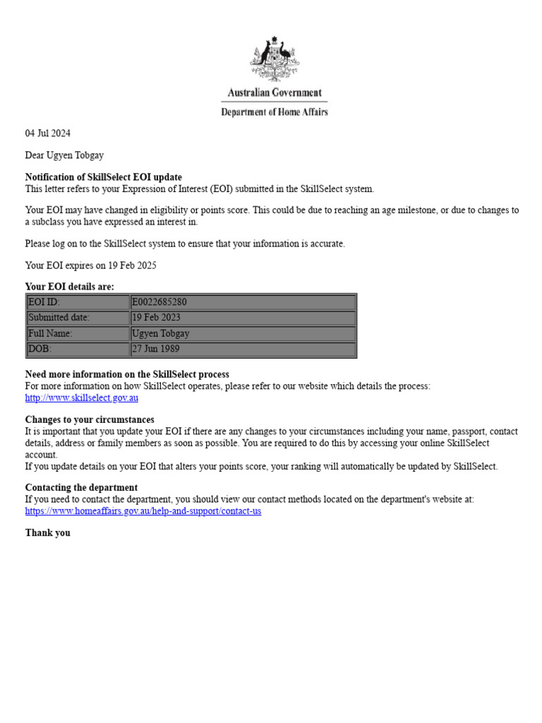 Notification of Skillselect Eoi Update | PDF