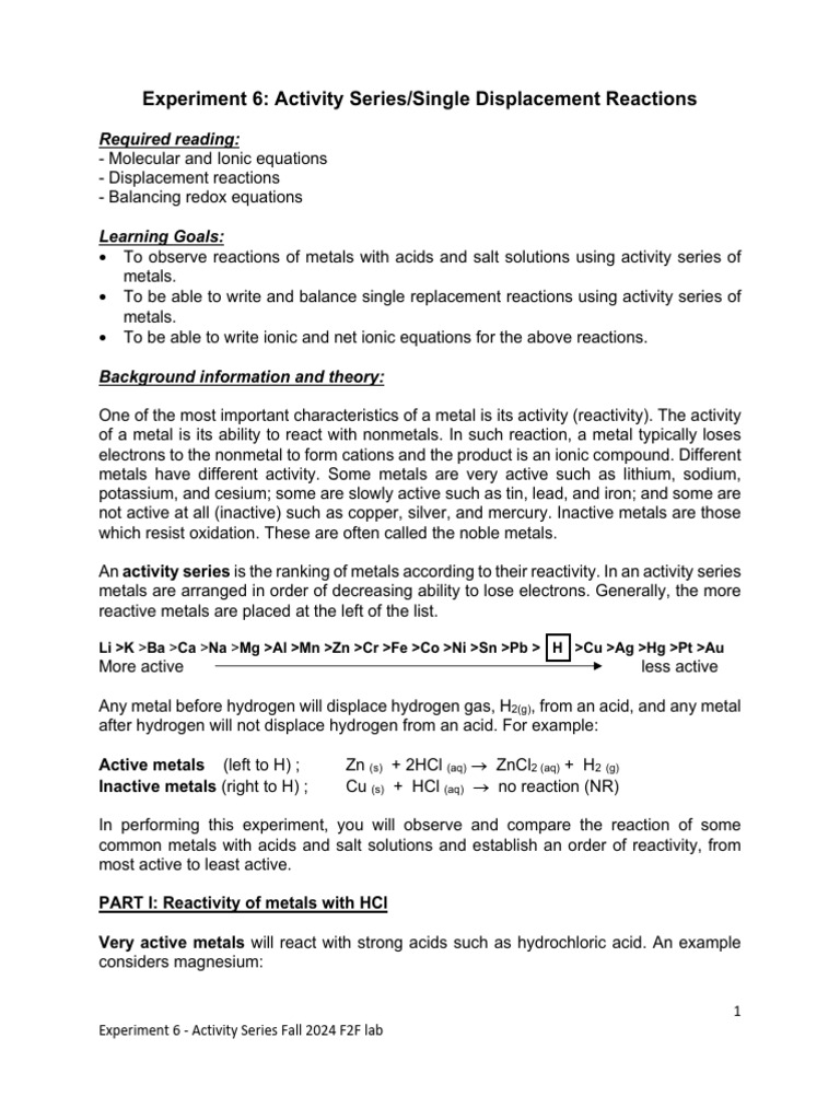 Experiment 6 - Activity Series | PDF | Magnesium | Chemical Reactions