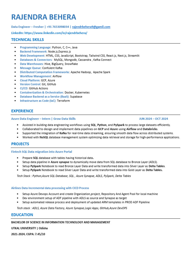 rajendra-behera-resume | PDF | Apache Spark | Microsoft Azure