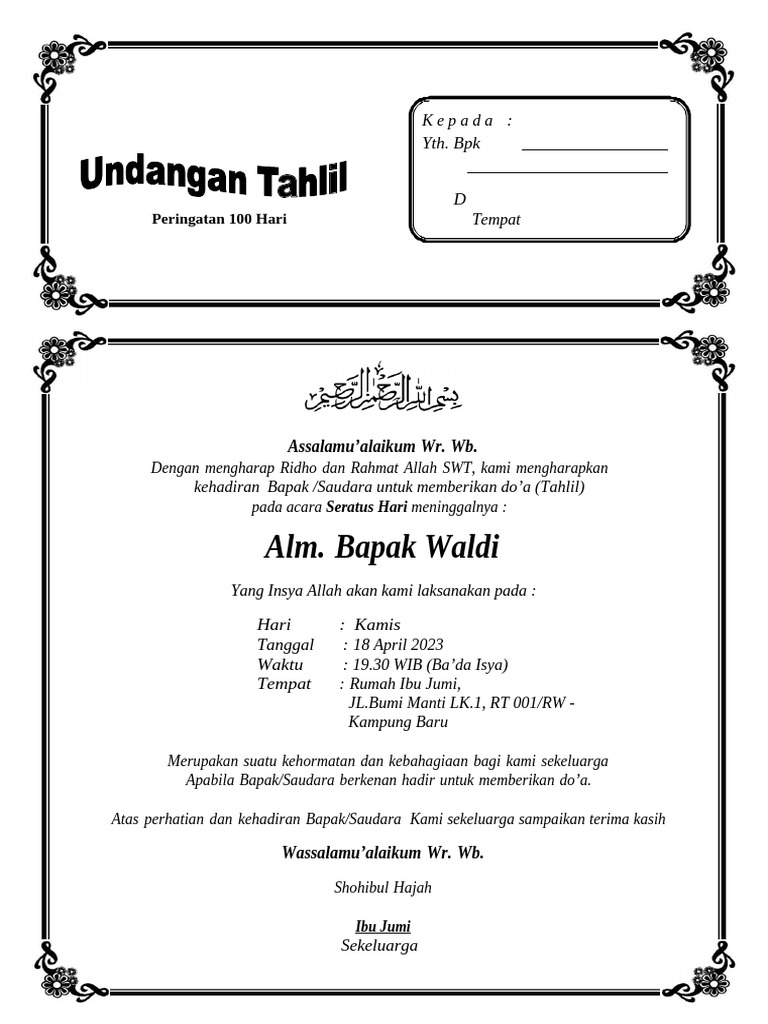 Undangan Tahlil 100 Hari Alm. Bapak Waldi | PDF