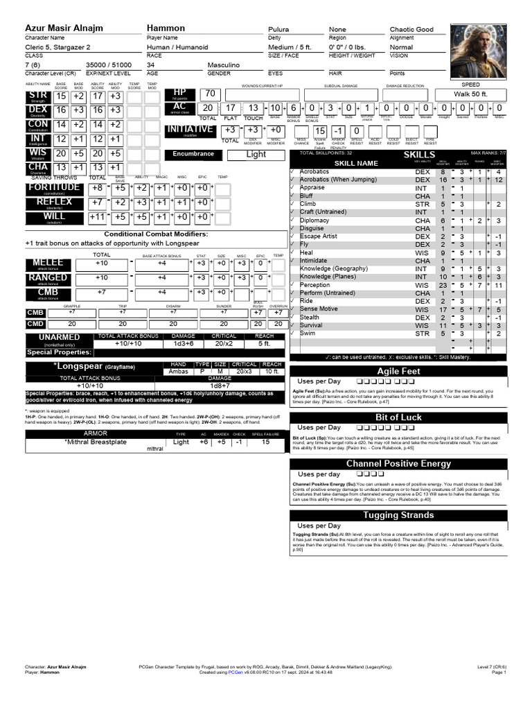 Azur Masir Alnajm: Level 7 Cleric/Stargazer Character Sheet | PDF | D20 ...