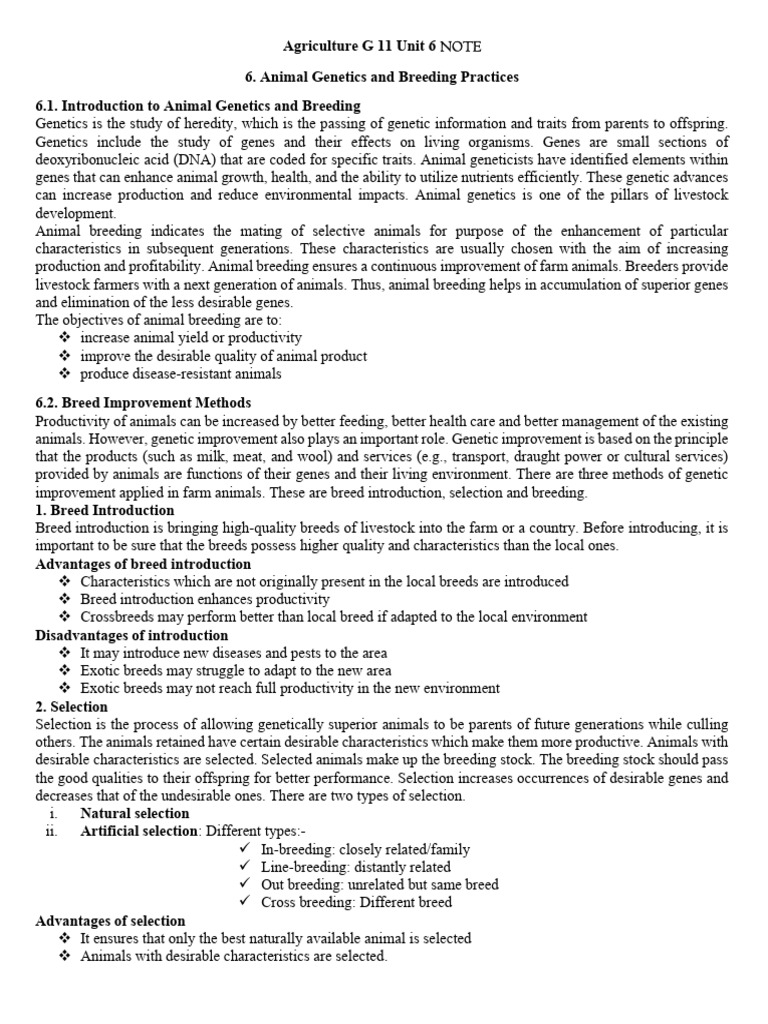 Agriculture G - 11 Unit 6 Note | PDF | Selective Breeding | Genetics