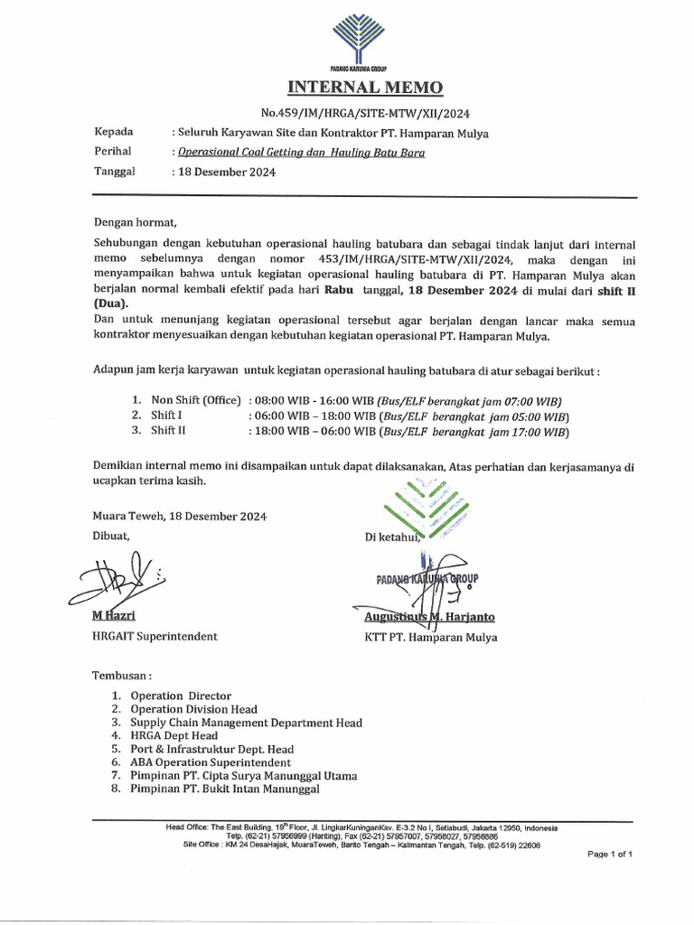 18122024 Internal Memo Operasional Hauling | PDF