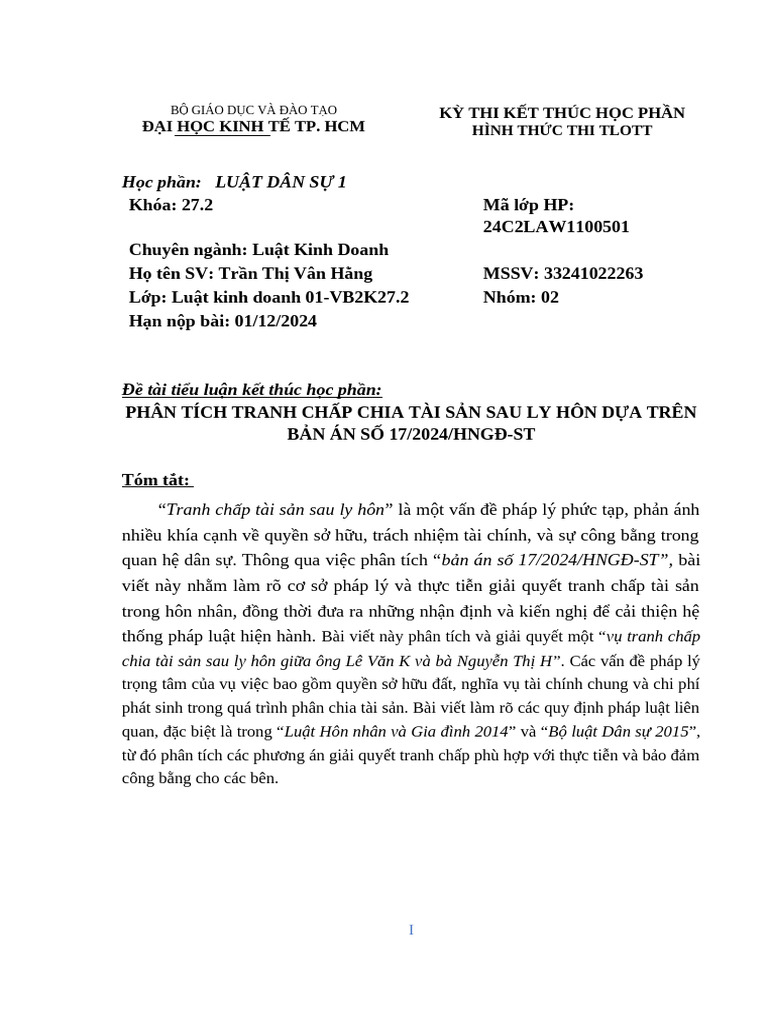 Trần Thị Vân Hằng -Luật Kinh Doanh 01-VB2K27.2 (LDS 1 - TIEU LUAN KTHP) | PDF