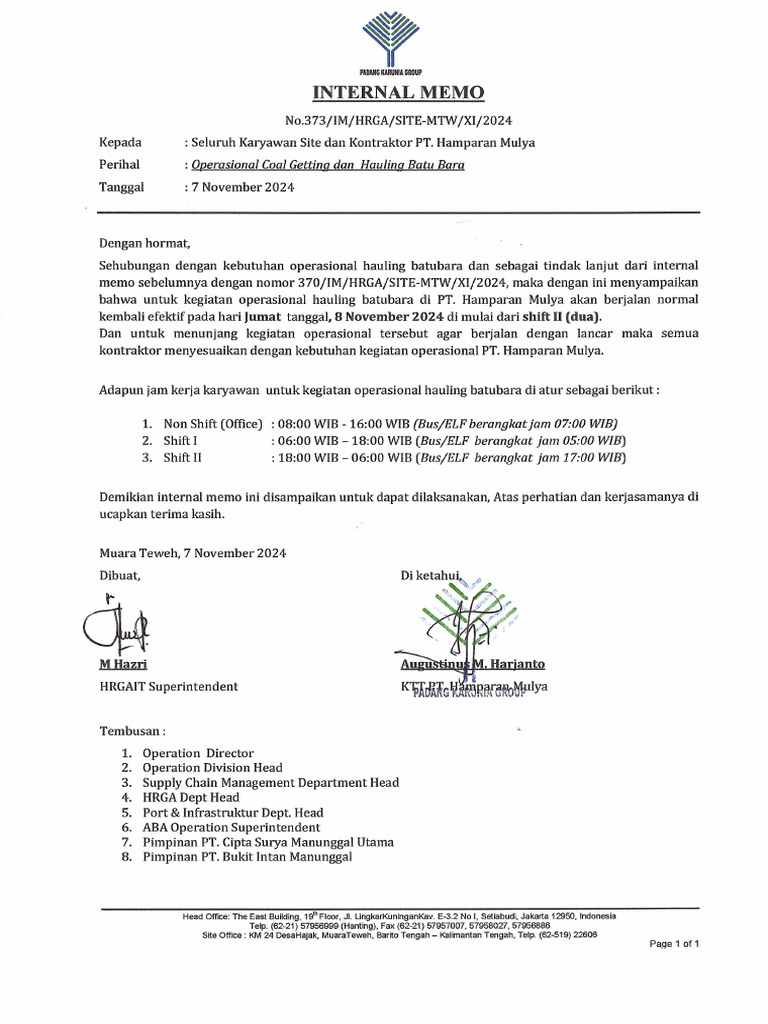 Internal Memo Operasional Hauling | PDF