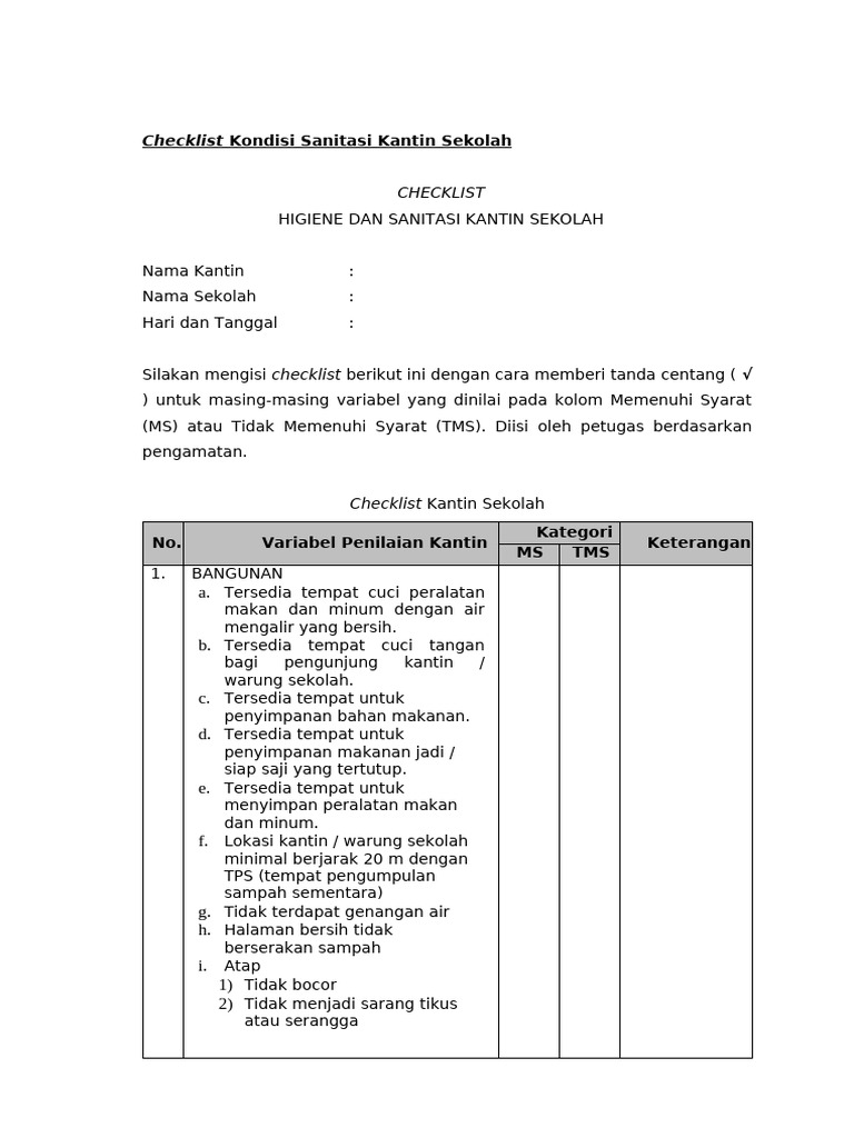Form Pemeriksaan Kantin | PDF