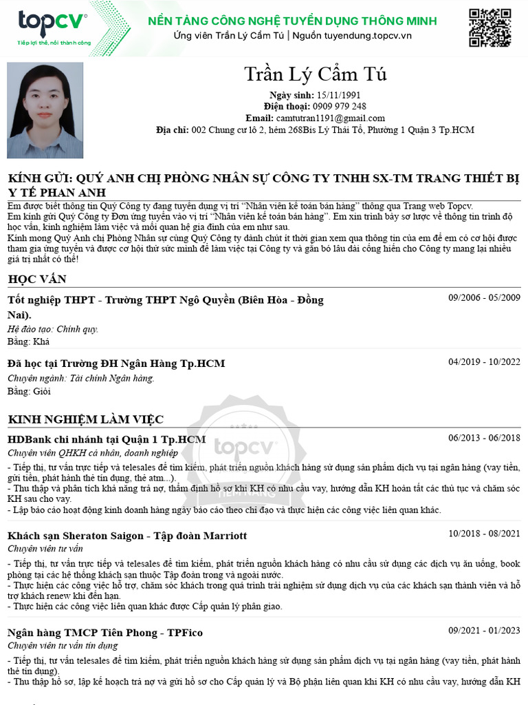 Tran Ly Cam Tu TopCV - VN 101024.163435 | PDF
