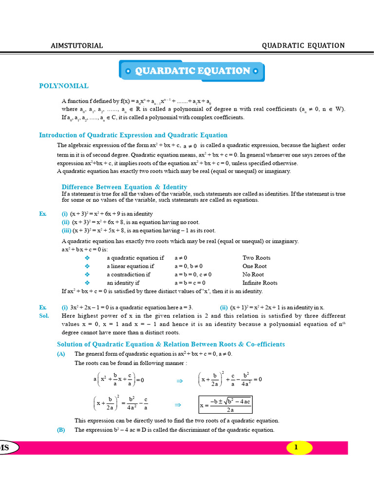 Quadratic Expressions Theory For Eamcet Aimstutorial | PDF | Quadratic ...
