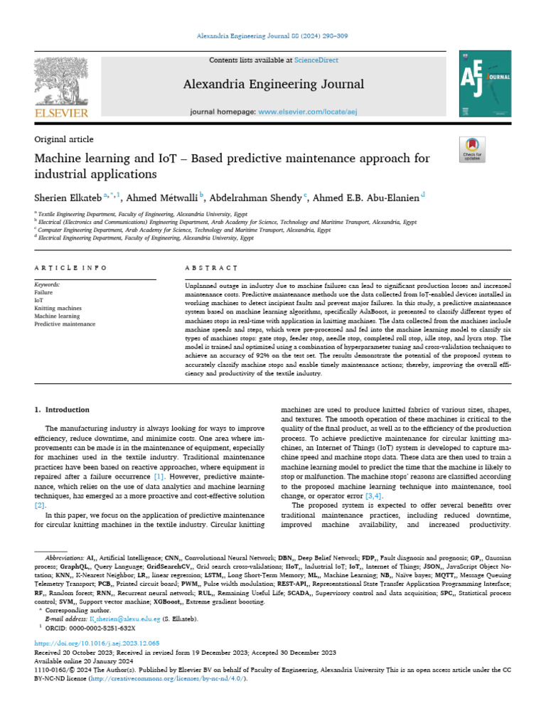 Machine Learning and IoT - Based Predictive Maintenance Approach For Industrial Applications ...