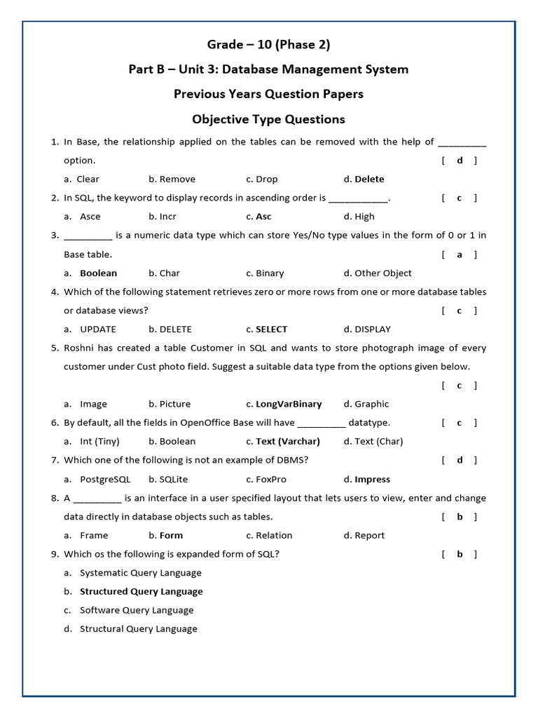 Previous Year Questions On Database Management System | PDF | Databases ...