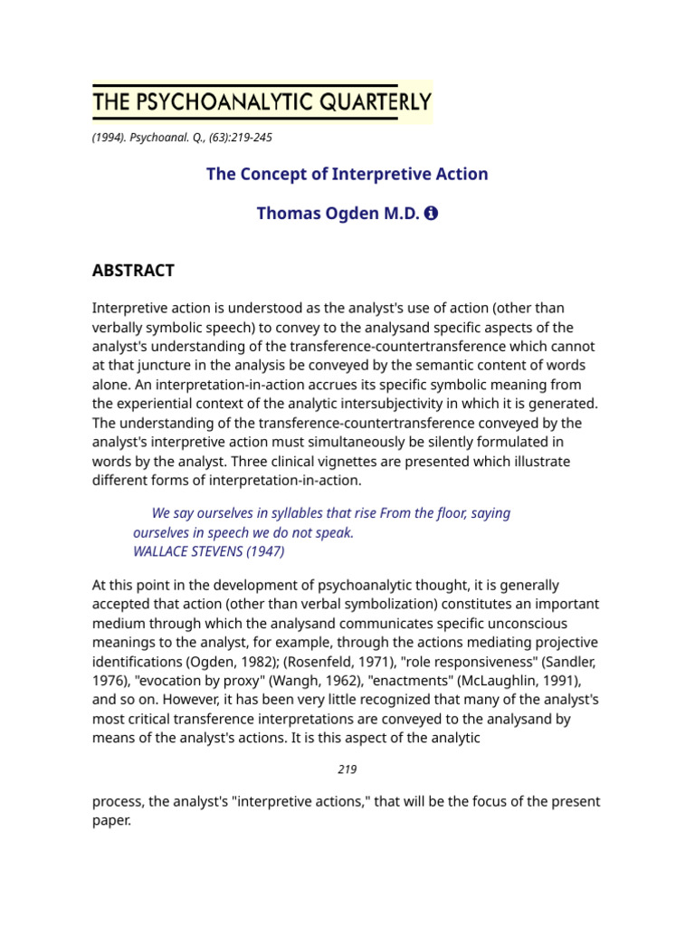 Ogden - Interpretive Action | PDF | Psychoanalysis | Thought
