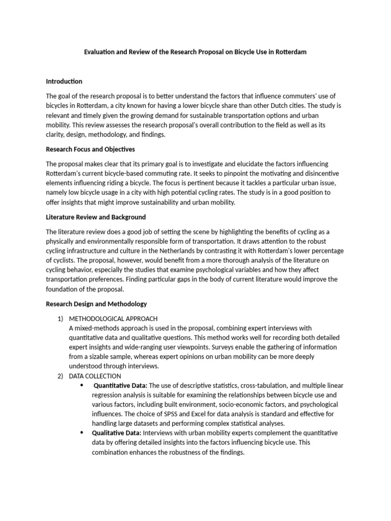 Evaluation and Review of The Research Proposal On Bicycle Use in ...
