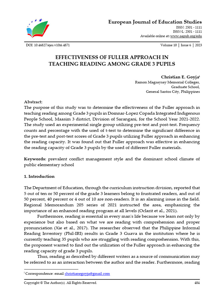 Effectiveness of Fuller Approach in Grade 3 Reading | PDF | Phonics ...