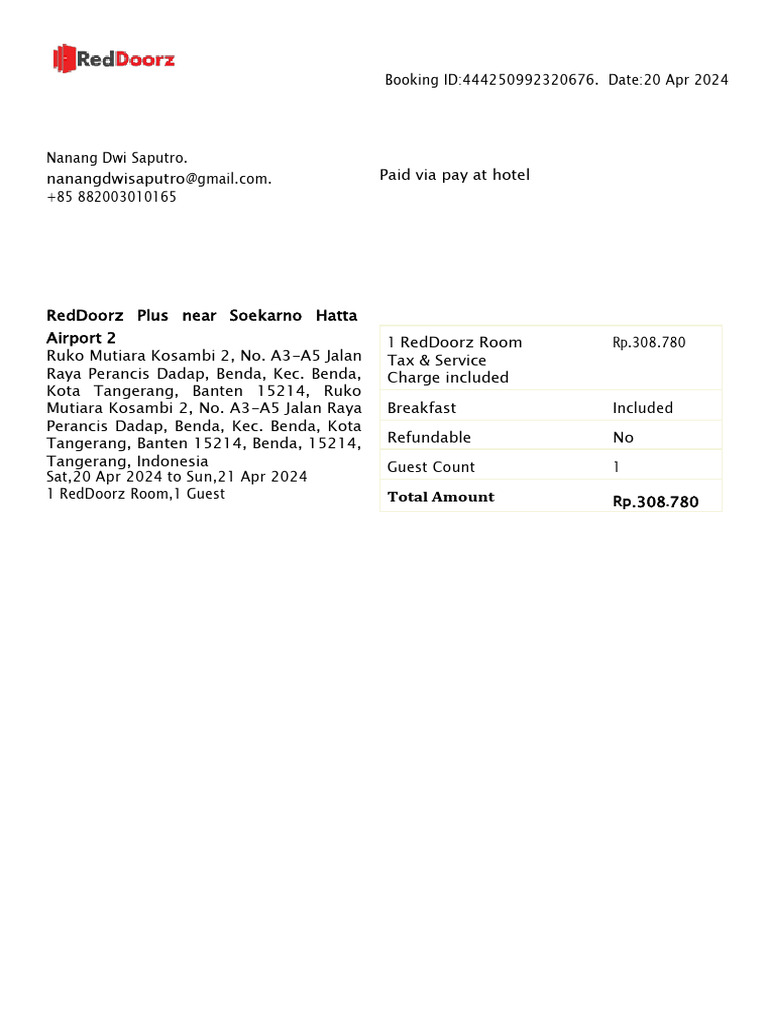 RedDoorz Invoice for Booking 444250992 | PDF