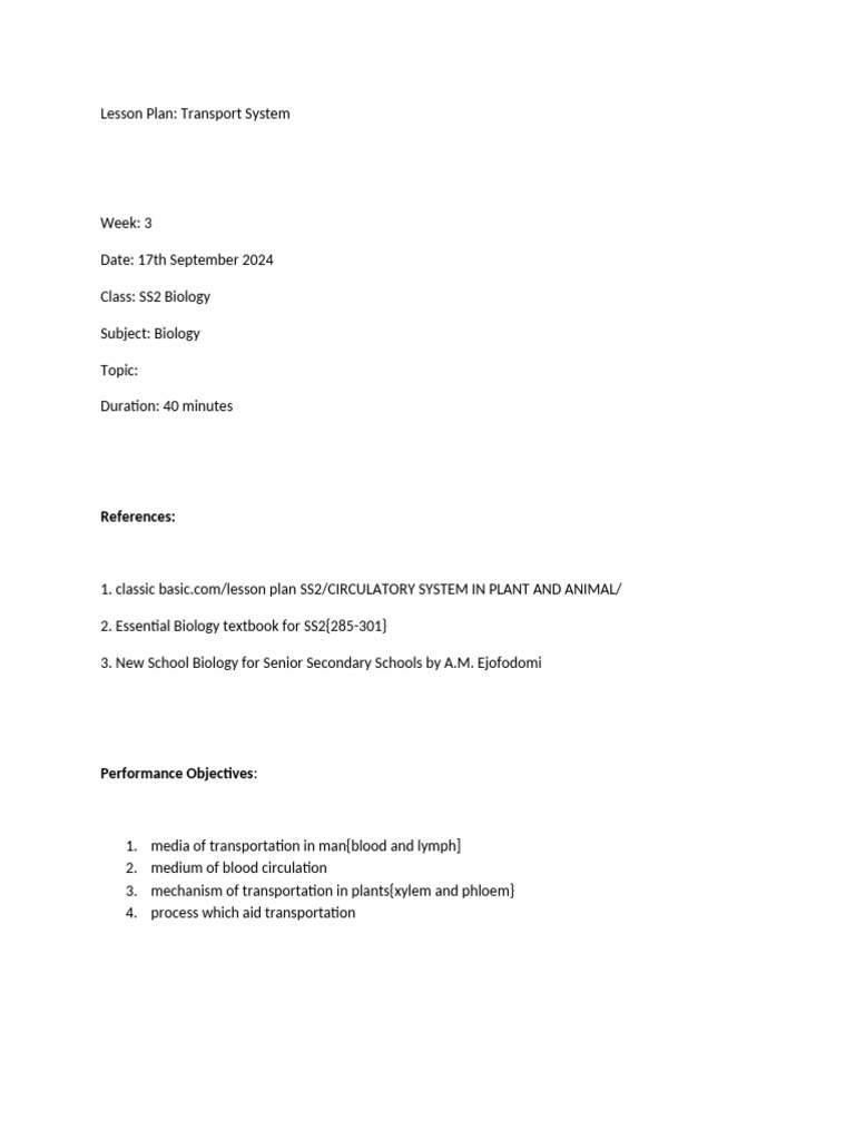 SS2 Biology Lesson Plan: Transport System | PDF