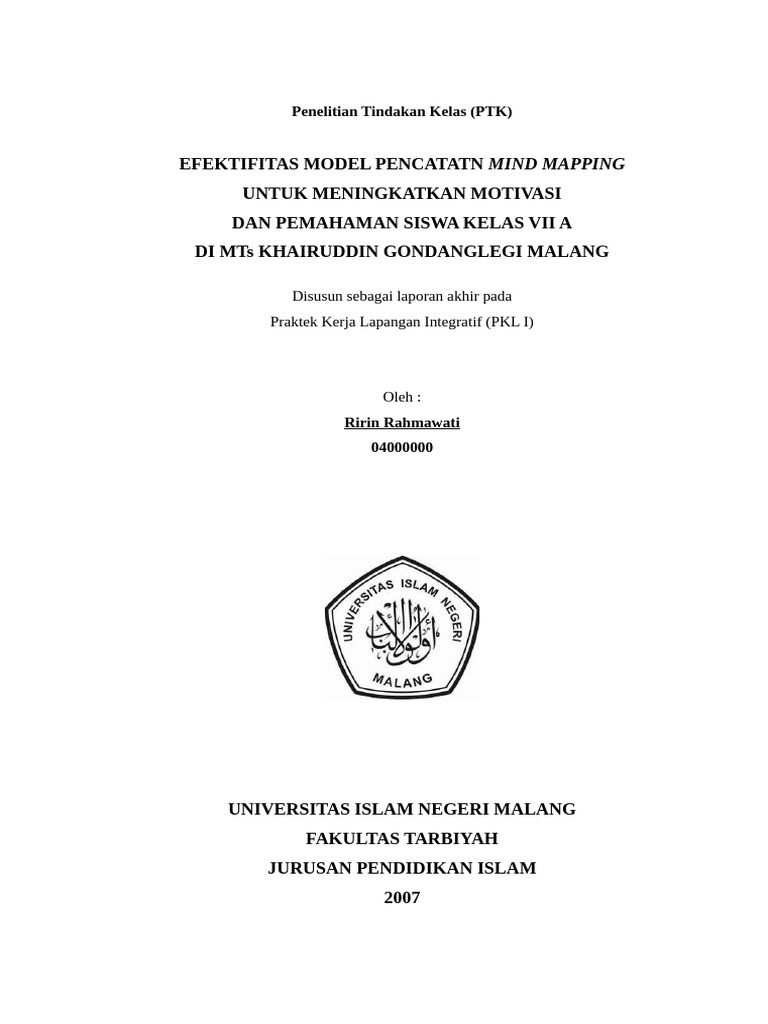 PTK - (Fiqih) Efektifitas Model Pencatatan Mind Mapping Untuk Meningkatkan Motivasi Dan ...