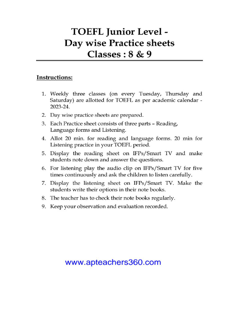 ToEFL 8 & 9 Classes Practice Papers | PDF
