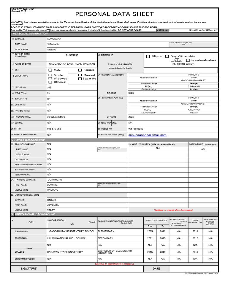 CS Form No. 212 Personal Data Sheet Revised Copy | PDF | Government ...