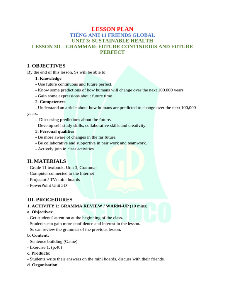 Future Tenses in English Lesson Plan | PDF | Grammatical Tense | Human ...