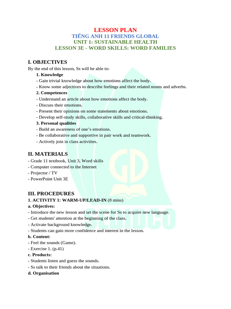 Lesson plan 3E | PDF | Emotions | Vocabulary