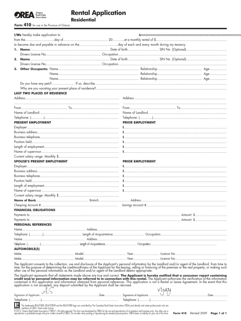 OREA Rental Application Form Ontario | PDF | Lease | Private Law