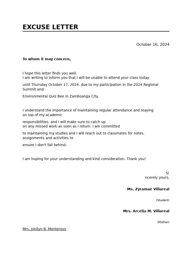 Excuse Letter | PDF