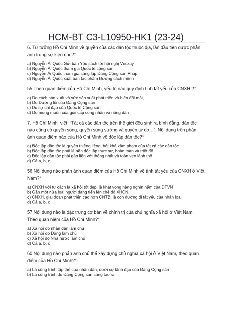 câu hỏi chương 3 (TTHCM) | PDF