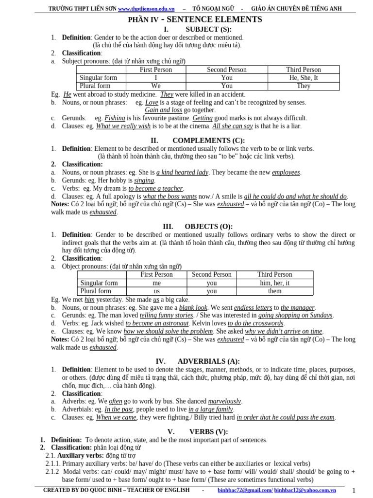SENTENCE ELEMENTS | PDF | Verb | Noun