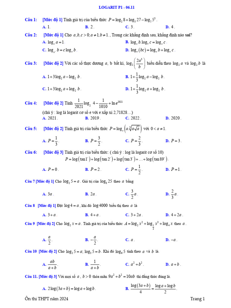 LOGARIT P1 HS -LỚP | PDF