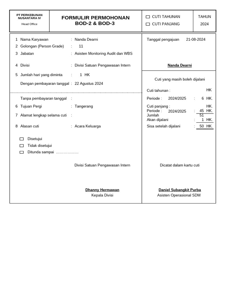 FORM CUTI BOD-2 Dan BOD-3 | PDF