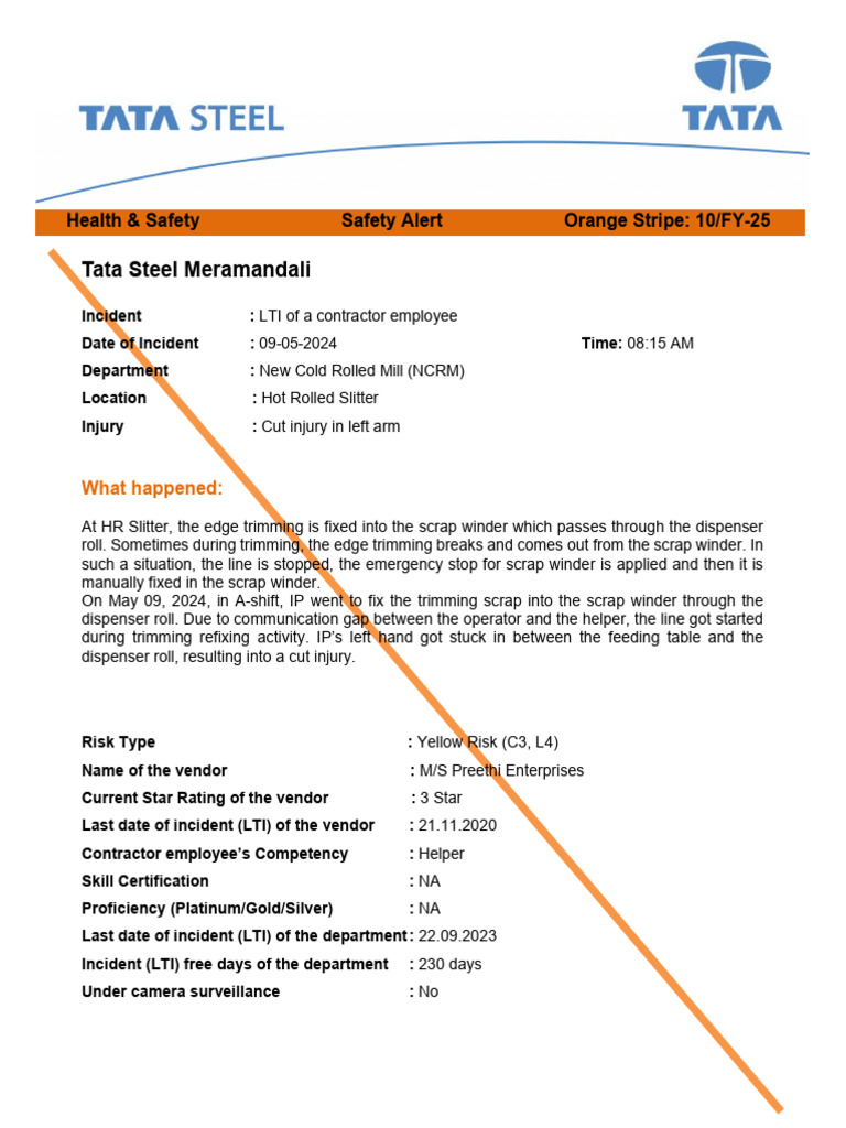 Tata Steel Safety Alert: LTI Incident | PDF | Radio Frequency ...