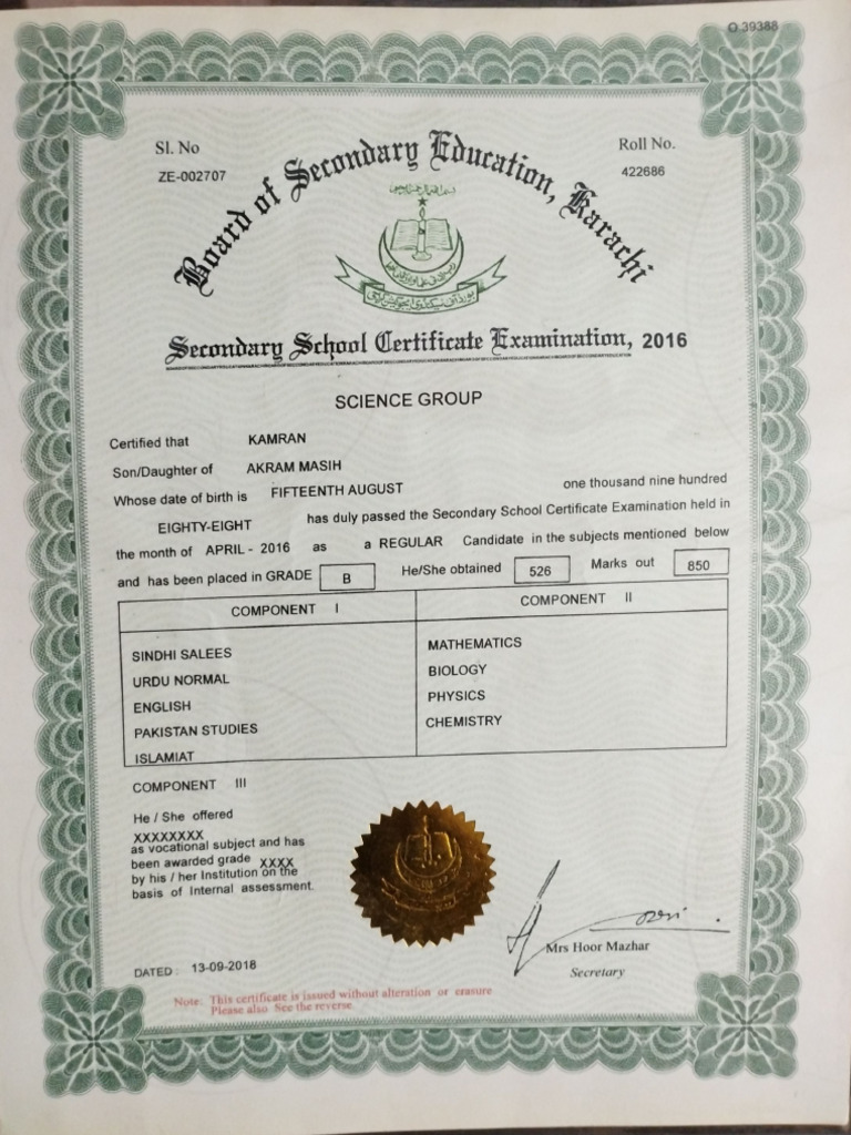 Matric Certificate | PDF