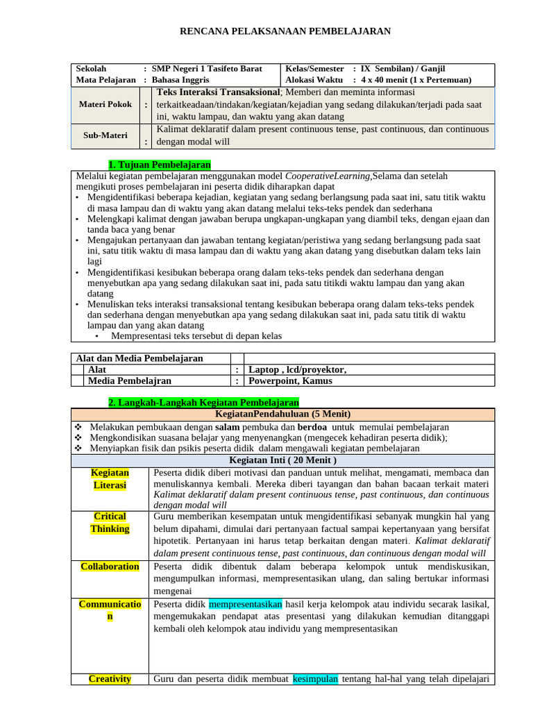 RPP Bing Kelas 9 | PDF