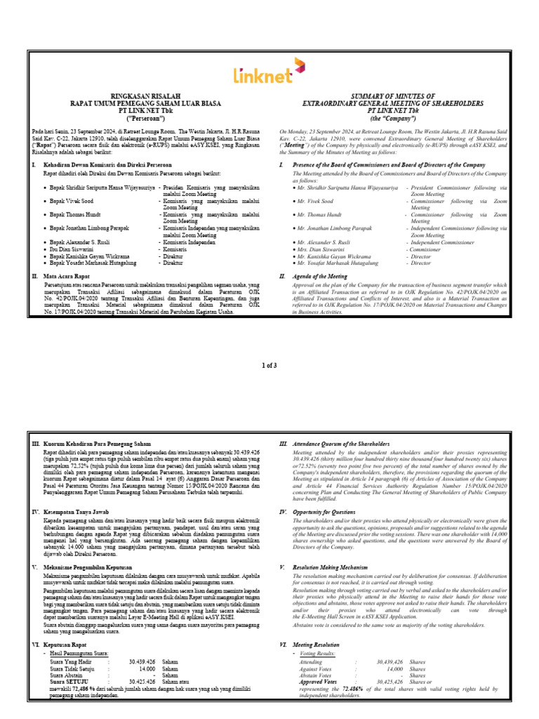 Persetujuan Transaksi Afiliasi PT Link Net | PDF