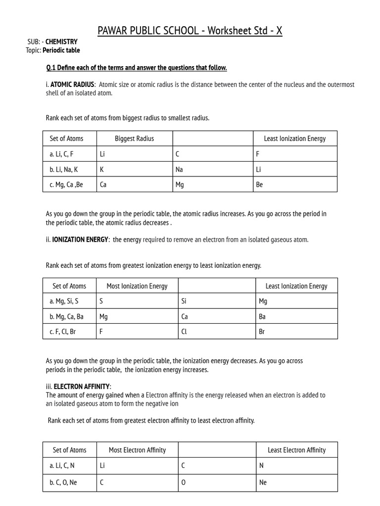 Chemistry Worksheet on Periodic Table Concepts | PDF | Periodic Table ...