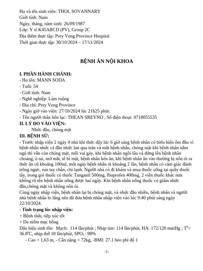 Bệnh Án Nội Khoa. Tha y Sĩ Thol Sovannary C 16 | PDF