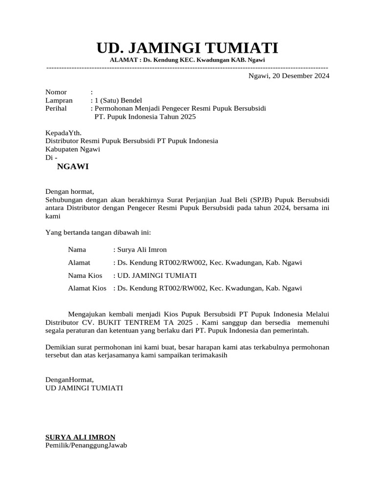 Surat Permohonan KPL 2024 Ud Jamingiii | PDF