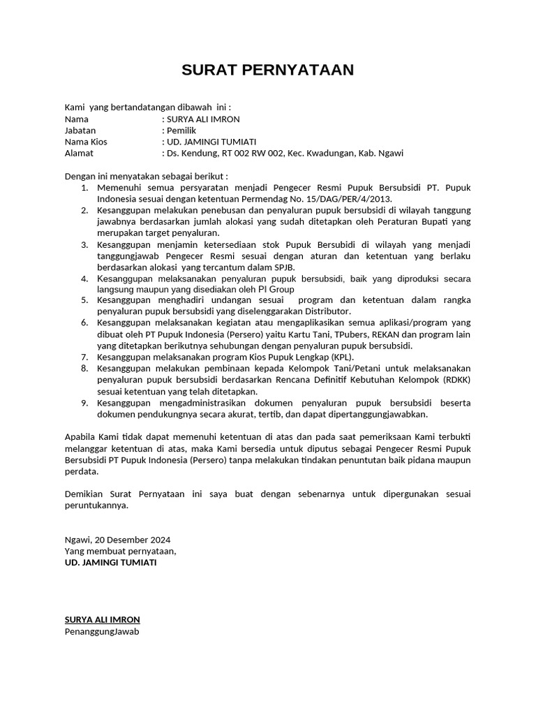 SURAT PERNYATAAN KPL 2024 UD.JAMINGII | PDF